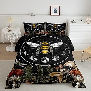 Erosebridal Boho Bee Bedding King Moon Print Comforter Set Wild Fungus Bedding Comforters & Sets Chic Wildlife Duvet Set Mushroom Green Leaves Quilt Set Animal and Botanical Theme Home Decor, Black