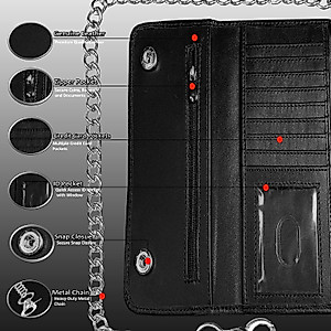 IBRO Motorcycle Chain Wallet for Men – 100% Natural Genuine Leather, Long Trifold RFID Blocking, Credit Card Money Organizer - Men’s Trucker Biker Metal Chain Wallets Black