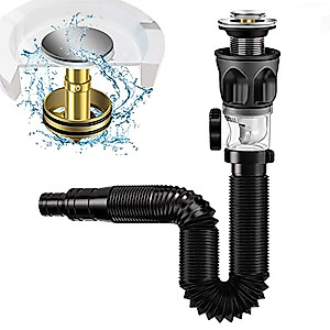 Upgraded Bathroom Sink Drain Kit, with Flexible & Expandable P-Trap Sink Drain Pipe Tube, Built-in Anti-Clogging Stopper Pop Up Drain, Suitable for 1-1/2'' OD Drain Inlets