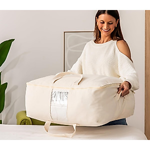 Soft Canvas Storage Bags with Zipper. Thick Breathable, 1pc King/Queen Comforter Organizer. Four Carrying Handles and Window. Large 25x19x9in Bag for Sheets Blankets Bedding Pillows, Clothes