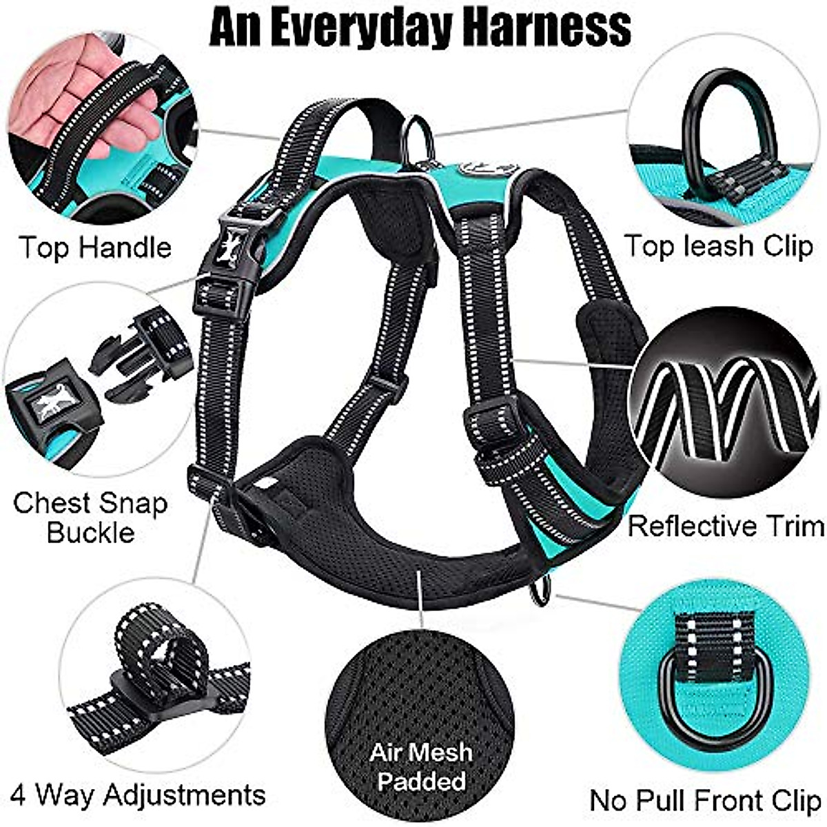 PoyPet No Pull Dog Harness, Reflective Comfortable Vest Harness with Front & Back 2 Leash Attachments and Easy Control Handle Adjustable Soft Padded Pet Vest for Small to Large Dogs (Mint Blue,M)