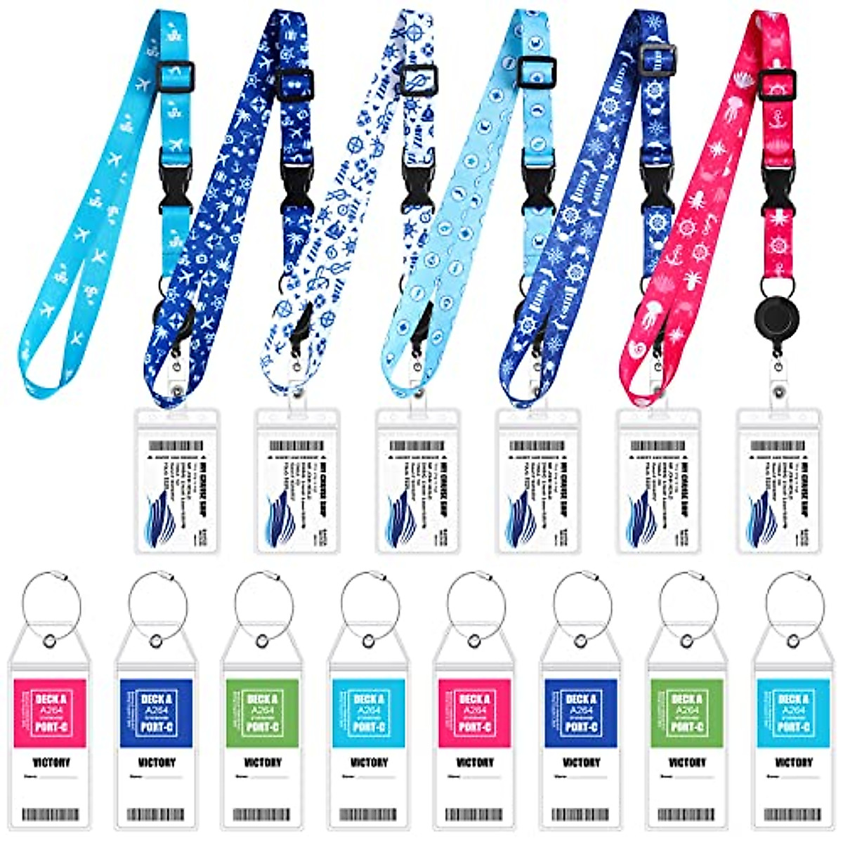 6 Sets Cruise Lanyards, Retractable Carnival Cruise Lanyard with 8 Waterproof Luggage Tag Holders Set, Adjustable Cruise Lanyard with Detachable Badge Holder for Cards Accessories (Vibrant Sailing)