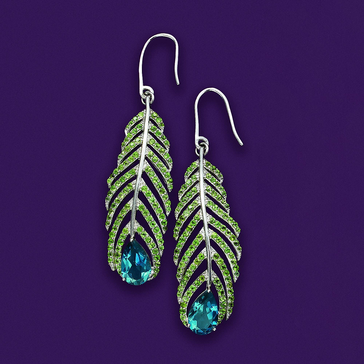 Ross-Simons 5.50 ct. t.w. London Blue Topaz and 3.30 ct. t.w. Green Tourmaline Feather Earrings in Sterling Silver