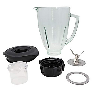 Blendin Complete 6-Piece 48 Ounce Replacement Round Glass Jar Cup Assembly Set With a Jar Base Cap, Blade, Gasket, Round Lid, Center Fill - Compatible with Standard Oster & Osterizer Blenders