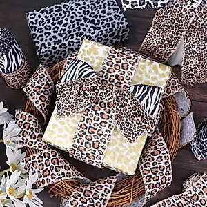Kuscul 4 Rolls 20 Yards Leopard Print Ribbon Animal Print Ribbon Zebra Cheetah Wired Edge Ribbon Decorative Wrapping Ribbon for for Home Decor, Gift Wrapping, Tree Topper Bow, Wreath, DIY Crafts, 2in