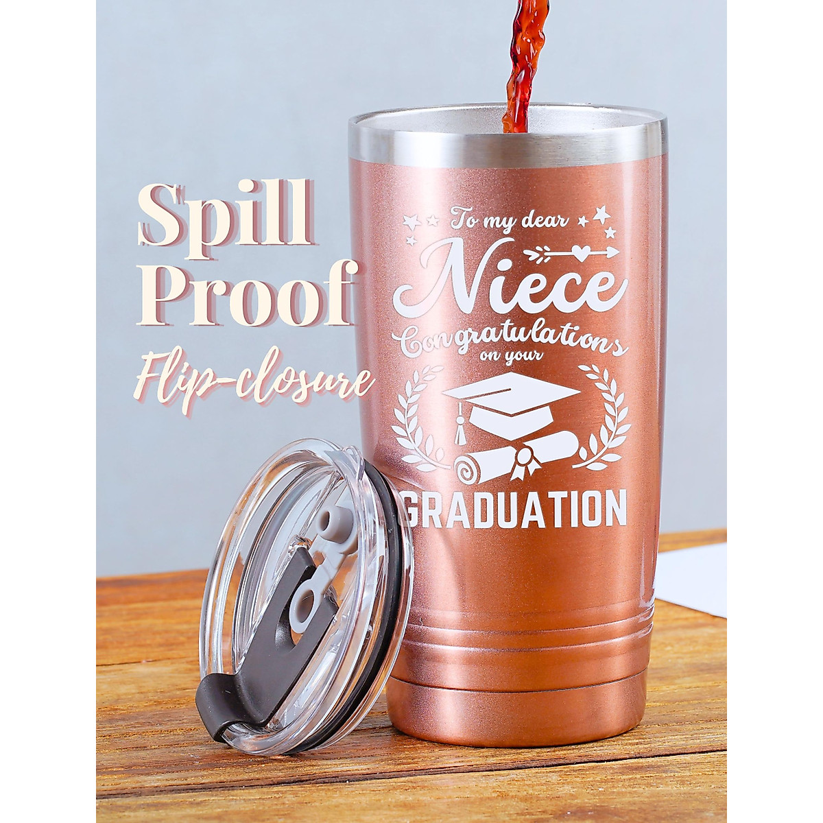 Onebttl Niece Gifts from Aunt, Insulated Stainless Steel Coffee Mug Tumbler with Lid and Straw, from Uncle, Perfect for Birthday, Christmas, 20oz/590ml, Rose Gold - Graduation