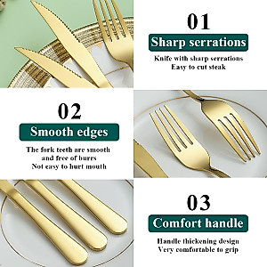 Evanda Gold Steak Knives Set 12 Piece, Gold Titanium Plating Stainless Steel 6 Dinner Forks and 6 Dinner Knives Set, Steak Knives Steak Forks, Dishwasher Safe