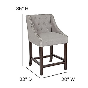 Flash Furniture 2 Pack Carmel Series 24" High Transitional Tufted Walnut Counter Height Stool with Accent Nail Trim in Light Gray Fabric