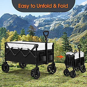 Collapsible Folding Wagon,Large Utility Wagon Cart Foldable,Folding Wagon Cart with All Terrain Wheels,Heavy Duty Garden Cart,Portable Wagon for Shopping Grocery Camping Sports Fishing (Black/White)