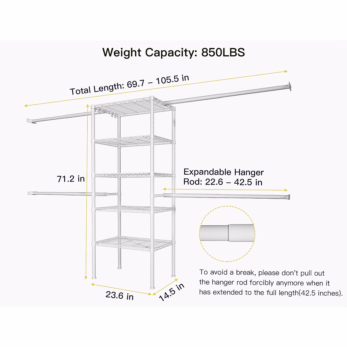 Ulif M2 Closet Organizer System, 5.9 Feet Height Mounted to the Wall Garment Rack with 4 Expandable Hanger Rods, 5 Shelves in 23.6" L x 14.5" W, Suit Total Space from 5.8-8.8 ft, White