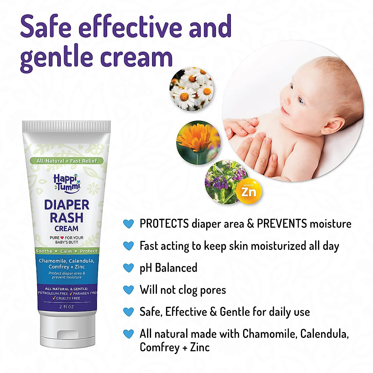 Natural Organic Diaper Rash Cream by Happi Tummi, Soothing Calendula, Chamomile, Comfrey + Zinc and Lavender essential Oil to Soothe and Protect Sensitive Skin – 2 Ounces