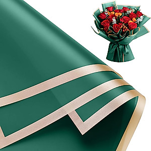 XIGUI 20 Sheets Gold Edge Gift Wrap Paper,Korean Florist Bouquet Supplies,DIY Crafts,Gift Packaging or Gift Box Packaging, Waterproof Floral Wrapping Paper 22.8 * 22.8Inch (Vintage green.)