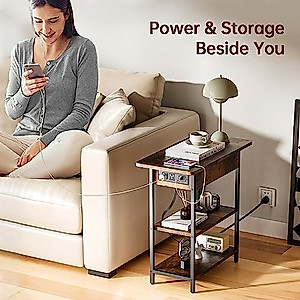 HOUIT End Table with Charging Station, Narrow Flip Top Side Table with USB Ports and Outlets, Nightstand with Storage for Small Spaces, Bedside Tables for Living Room, Bedroom