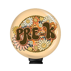 Pre-K Teacher Badge Reel - Retro Gift for VPK Teacher - Pre Kindergarten Teacher Badge Holder - Cute Retro Badge Clip - Groovy Fun Floral Retractable ID Nametag Reel