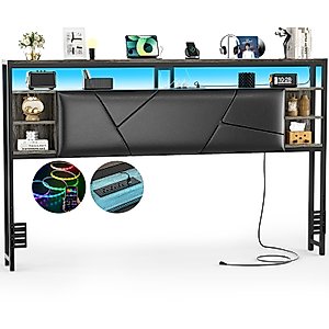 Hyomdeck Headboard for King Size Bed, Sturdy Upholstered King Head Board with 3 Outlets and 2 USB Ports, Solid Headboards with Smart RGB LED Light and Storage Shelves, Easy Assembly, Black Oak