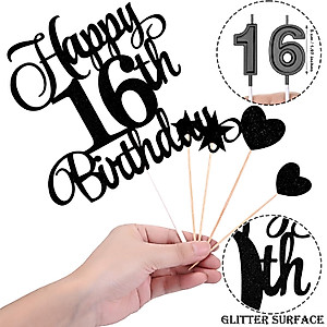 16th Birthday Cake Decorations Set Include 16th Birthday Candles Numeral 16 Cake Candles and Happy 16th Birthday Cake Toppers with Heart Star Cupcake Picks for Birthday Party (Black Series)