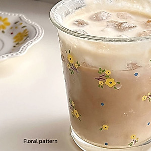 yaocoral Set of 2 12 OZ French Glassware Floral Drinking Glasses,Stackable Flower Glass Cup for Juice,Coffee,Iced Tea,Milk,Dessert,Mixed Drinks,Floral Drinkware Set(white yellow)