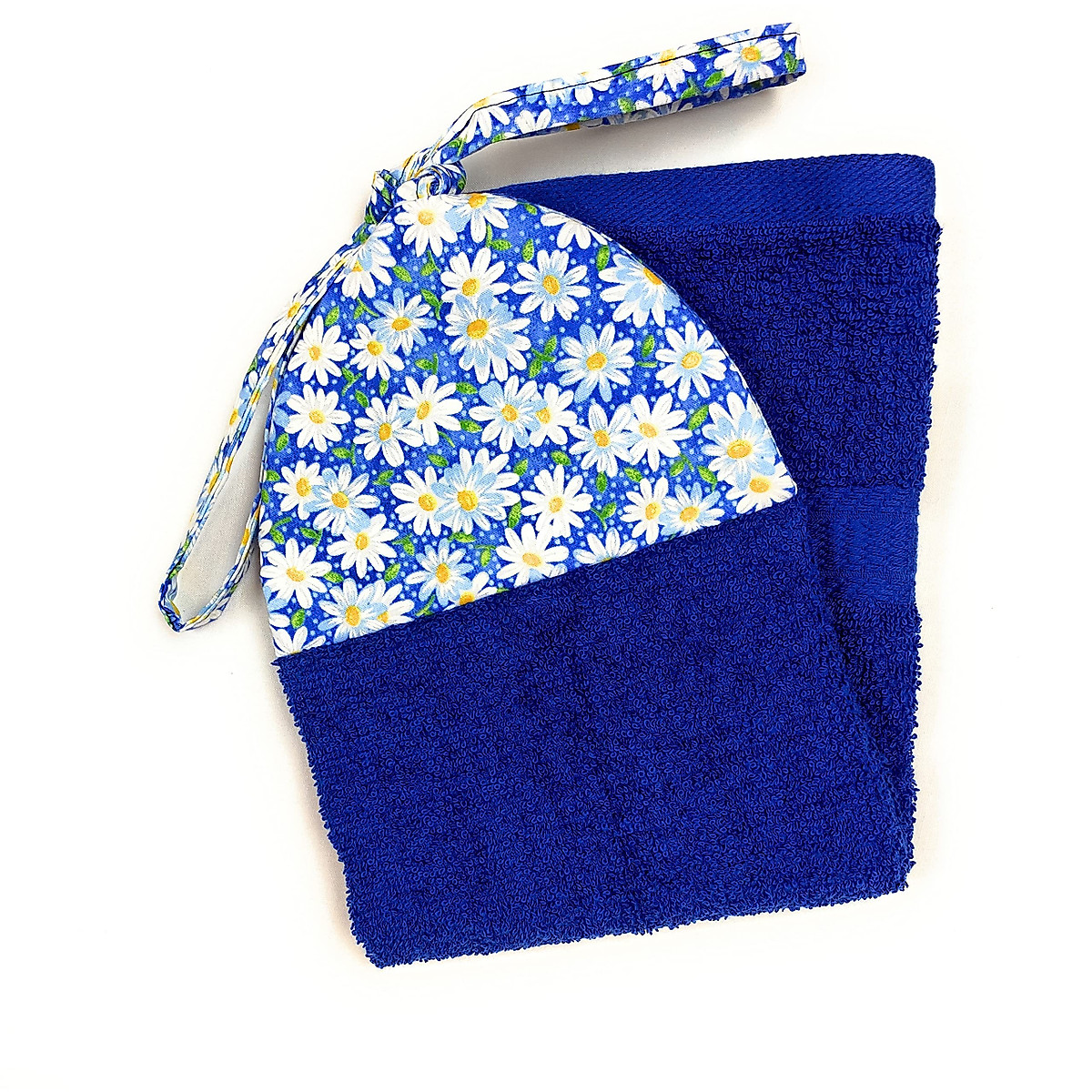 White and Yellow Daisy Daisies on Blue Reversible Ties On Stays Put Kitchen Bathroom Hanging Loop Hand Dish Towel