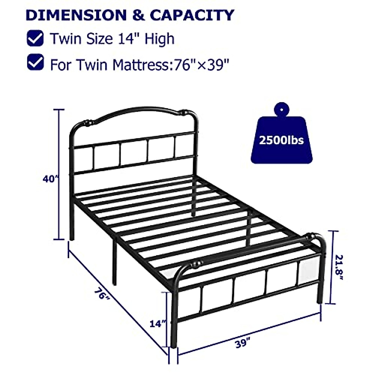FDLOGW Twin Size Bed Frame with Headboard and Footboard, 14 Inch High, No Box Spring Needed Heavy Duty Metal Platform Bedframe, Noise Free
