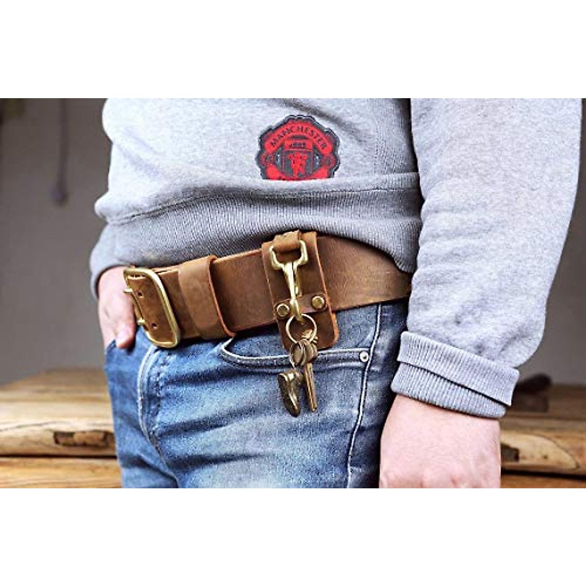 Heavy duty full grain leather belt key clip, retro distressed leather belt key holder - BA05KC