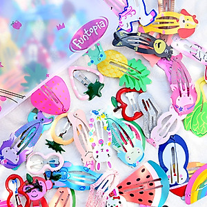 Girls Hair Clips Barrettes, Funtopia 80 Pcs Lovely Animal Fruit Printed Pattern Metal Snap Hair Clips Cartoon Design Hairpins for Kids Teens Pets