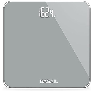 BAGAIL BASICS Bathroom Scale, Digital Weighing Scale with High Precision Sensors and Tempered Glass, Ultra Slim, Step-on Technology, Shine-Through Display - 15Yr Guarantee Grey