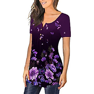 Plus Size Womens Tunic Tops To Wear With Leggings Summer Short Sleeve Henley Shirts Casual Ruffles Button Up Blouses Purple Print 3XL