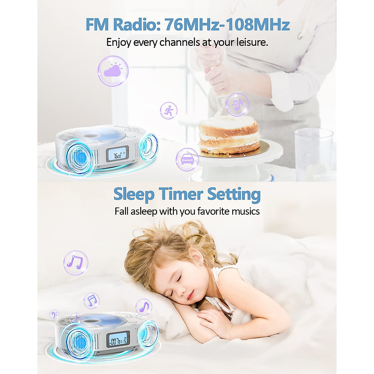 CD Player Portable, FELEMAN Upgraded Boombox CD Player & Bluetooth Speaker 2 in 1 Combo, Rechargeable Portable CD Player for Car/Home with Remote Control, FM Radio, Support AUX/USB, Headphone Jack
