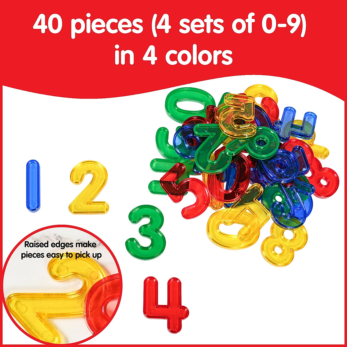 edxeducation Transparent Numbers Set - Mini Jar Set of 40 - Colorful, Plastic Numbers - Light Box Accessory - Sensory Play - Math Manipulative for Kids