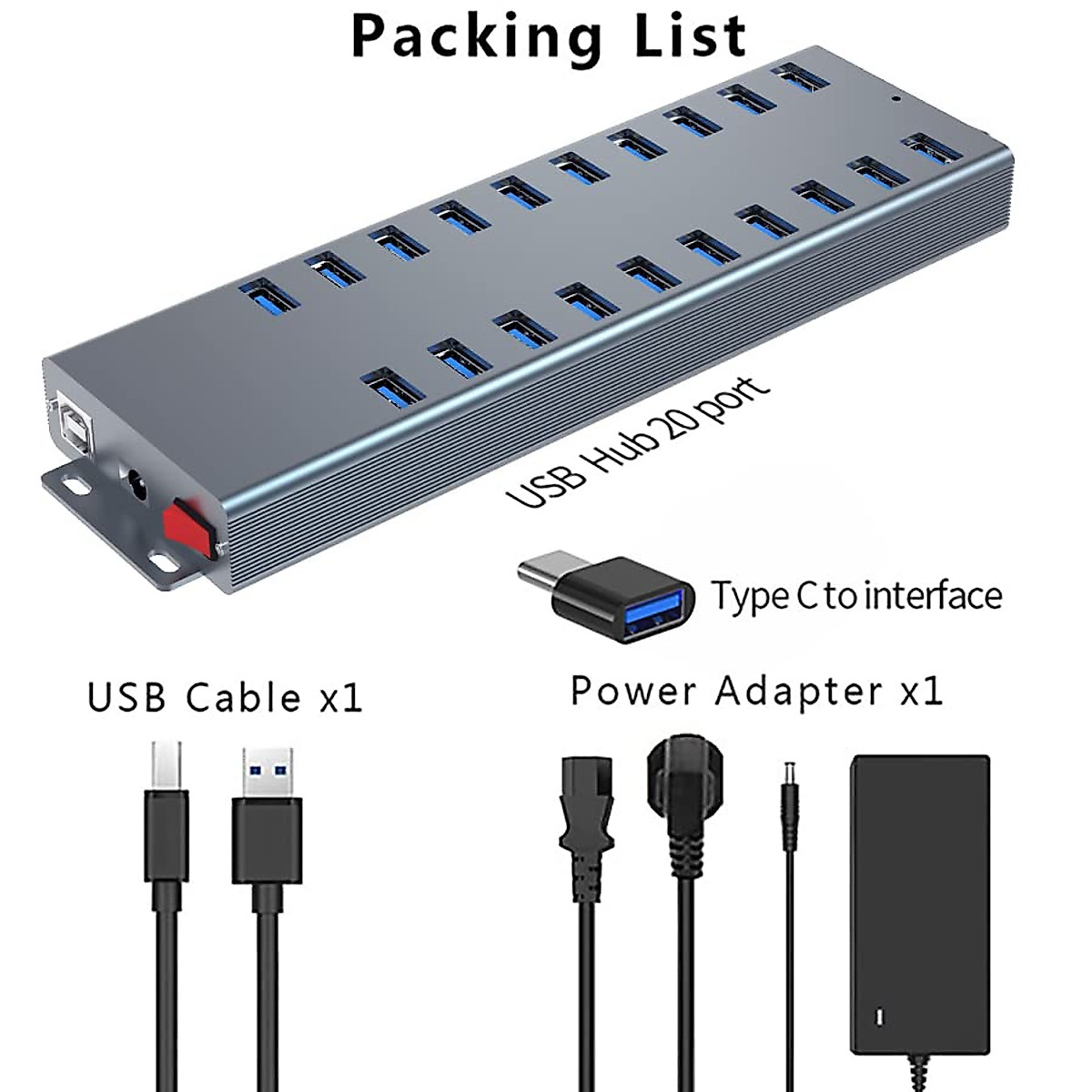Royata Powered USB Hub Industrial Grade USB 2.0 Hub 20 Port 12V/10 Power Support Charger Data Sync and Charging Station with Separate On/Off Switch and Light for Laptops, PCs,etc.