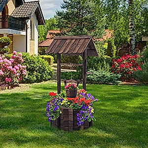 Notume Wooden Wishing Wells for Outdoors with Hanging Bucket , Wishing Well Planters Rustic Style Patio Garden Ornamental, Brown