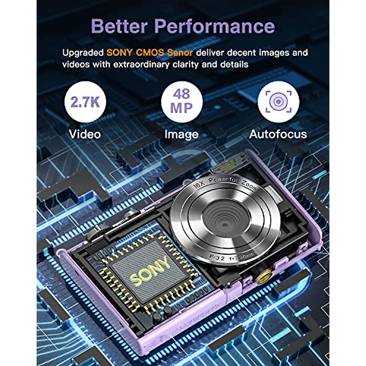 Digital Camera, Zostuic 2.7K Autofocus 48MP Kids Camera with 32 GB Card 16X Zoom Compact Portable Mini Toy Cameras Christmas Birthday Festival Gift for Kid Children Teens Girls Boys(Purple)