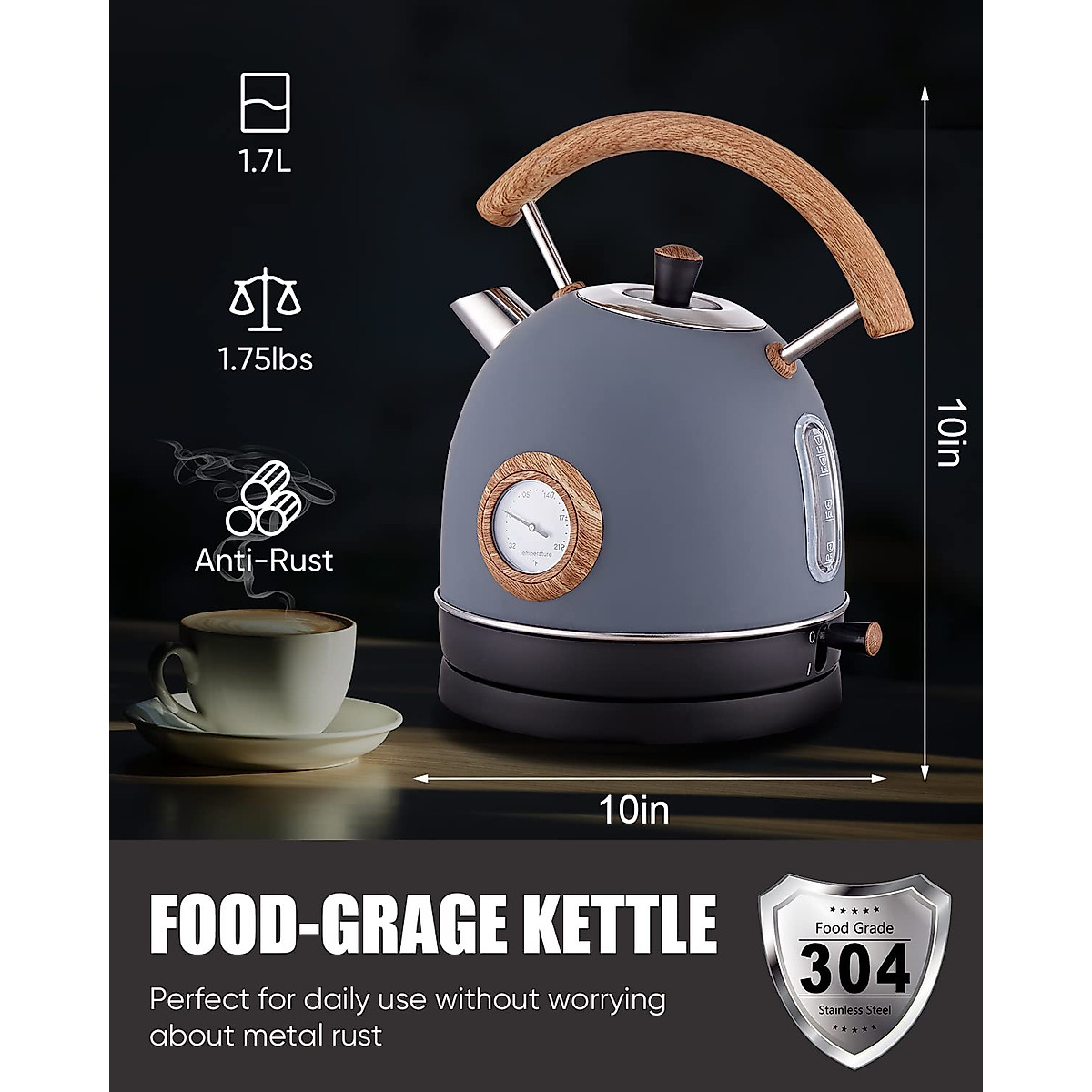 Retro Electric Kettle, 1.7L / 1500W Electric Tea Kettles for Boiling Water, Wood Pattern Handle Blue Stainless Steel Hot Water Boiler with Temperature Display, Auto Shut-off Boil-Dry Protection