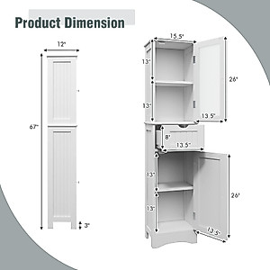 Tangkula 67" Tall Bathroom Storage Cabinet, Slim Freestanding Tower w/ 2 Doors & 1 Drawer, Narrow Floor Cabinet w/Adjustable Shelves & Tempered Glass Door for Bathroom Living Room (White)