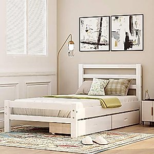 CNANXU Twin Bed Frame with Headboard and Storage Drawers, Wood Platform Bed Frames with Wooden Slat Support, No Box Sping Needed, Mattress Foundation, Easy Assemble - Twin Bed Frames (White)