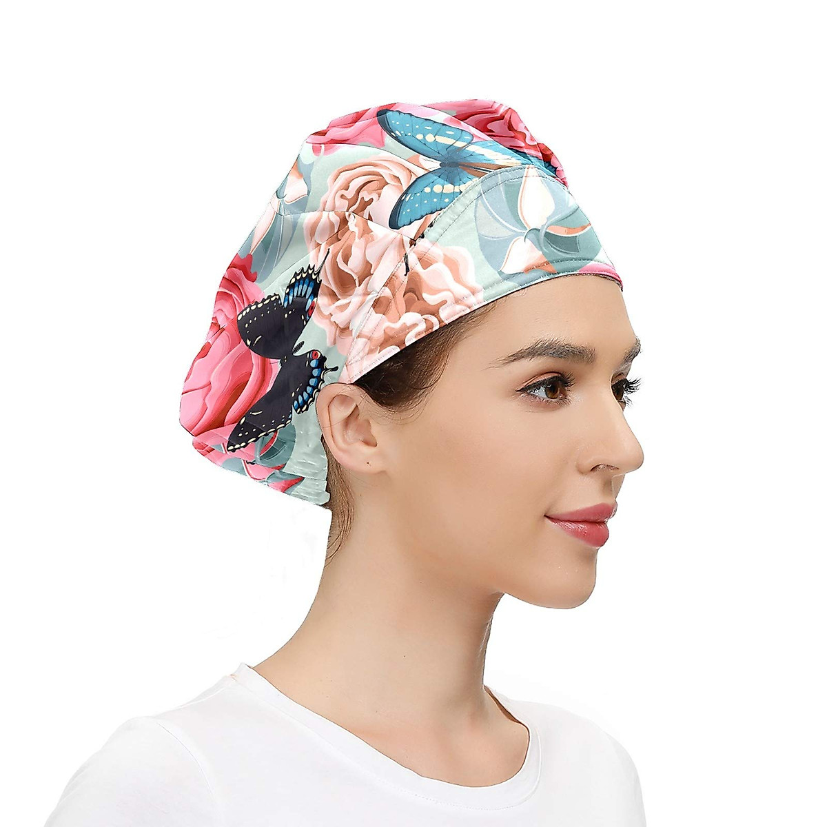 Womens Working Cap with Cotton Sweatband Adjustable Elastic Head Cover Hair Tie Back Work Hats for Women Men One Size Bouffant Hat Covers Rose with Butterfly