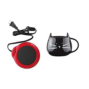 Home-X - Mug Warmer, Multipurpose Heating Pad for Desktop Heated Coffee & Tea or Candle & Wax Warmer, Red Finish and Ceramic Cat Coffee and Tea Mug, Black