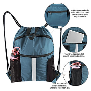 BeeGreen Workout Bag Drawstring Backpack w Shoe Compartment Large Sackpack String Bag w Zipper Pockets and Water Bottle Pockets Sports Yoga Cinch Bag for Gym Haze Blue