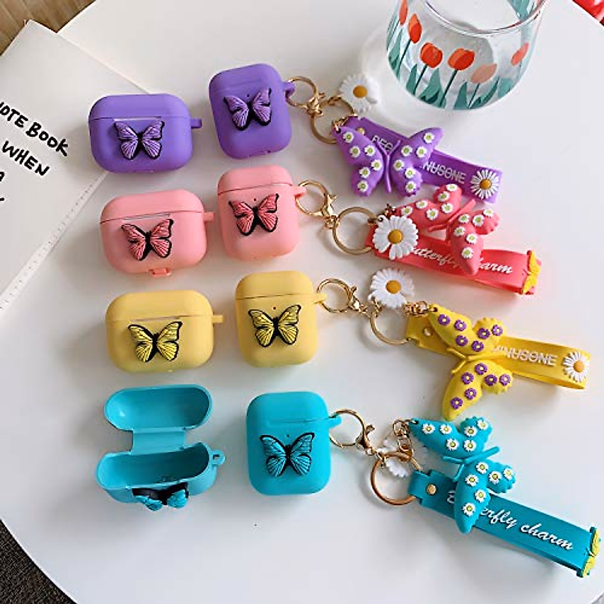 Xbs Airpods Case with Butterfly Pattern, Soft Silicone Butterfly Pendant and Shockproof Dust Plug Cover for Women and Girls, Compatible for Apple Airpods 2&1 Front LED Visible (Pink Butterfly)