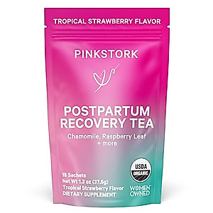 Pink Stork Postpartum Recovery Herbal Tea, Organic Red Raspberry Leaf with Chamomile, Hormone Balance for Women after Labor and Delivery, Strawberry Passion, Caffeine-Free, 15 Sachets