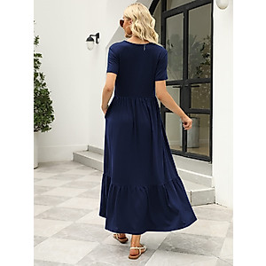 LILLUSORY Womens Short Sleeve Crew Neck Tiered Flowy Swing Midi Dresses with Pockets Navyblue