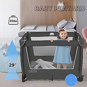 Kinder King 5 in 1 Portable Nursery Center, Foldable Playard for Baby & Toddler, Infant Pack n Play w/Bassinet, Mattress, Newborn Changing Table, Cradle, Travel Bag, Music Box, Storage Basket, Grey