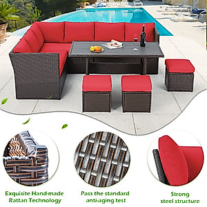 AECOJOY 7 Pieces Patio Furniture Set with Table, Outdoor Patio Furniture, Outdoor Dining Sectional Sofa with Table&Chair, Brown Rattan&Red Cushion