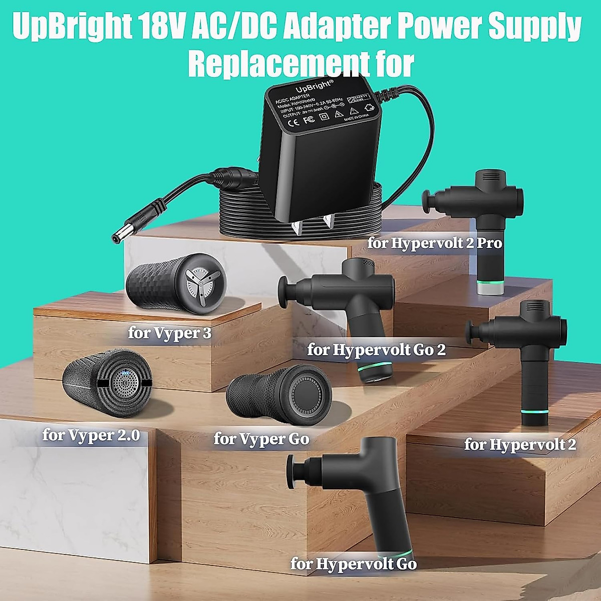 UpBright 18V AC/DC Adapter Compatible with Hyperice Hypervolt GO/Go 2/2 Pro/2 55000 001-00 55200 00100 54200 Massager Handheld Percussion Massage Gun Device MX24Z2-1801000 1A Power Supply Cord Charger