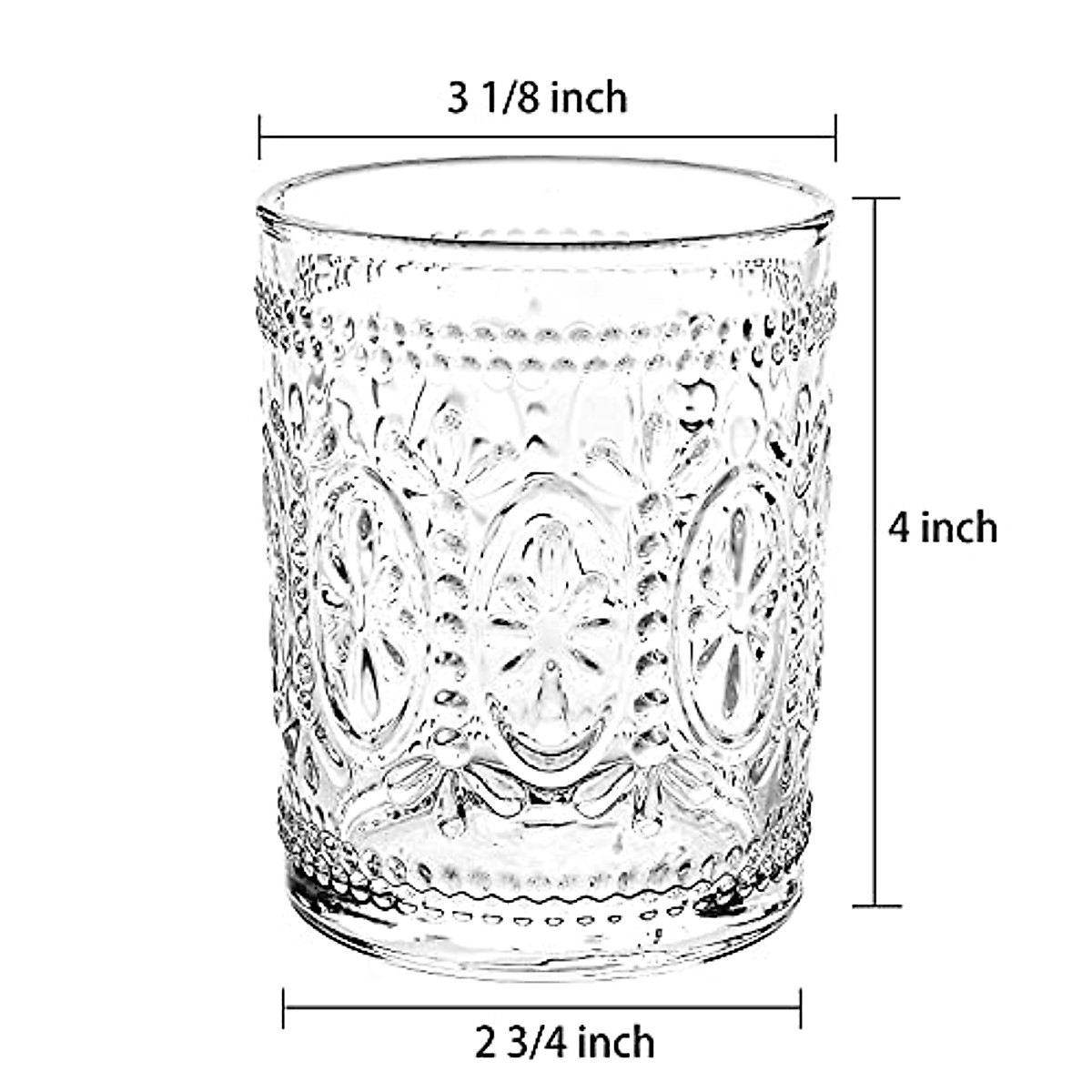 Bekith 6 Pack Drinking Glasses, 9.5 oz Romantic Water Glasses Tumblers, Heavy Duty Vintage Glassware Set for Whisky, Juice, Beverages, Beer, Cocktail