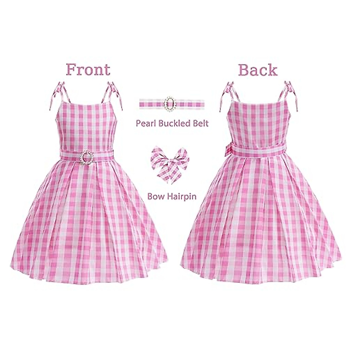 Kids Doll Princess Movie Heroine Costume Dress Girls Halloween Costume Princess Cosplay Pink Plaid Dress with Pearl Buckled Belt Bow Hairpin ZF011S