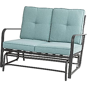 glitzhome Modern Outdoor Patio Loveseat Glider Bench,Metal Frame Patio Bistro Swing Glider Rocking Chair Sofa Furniture Set with Cushion for Lawn Porch Garden Yard Poolside, Blue