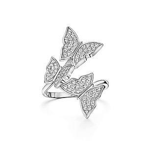 Michooyel S925 Cubic Zirconia Butterfly Adjustable Ring CZ Sterling Silver Finger Ring Statement Ring for Women