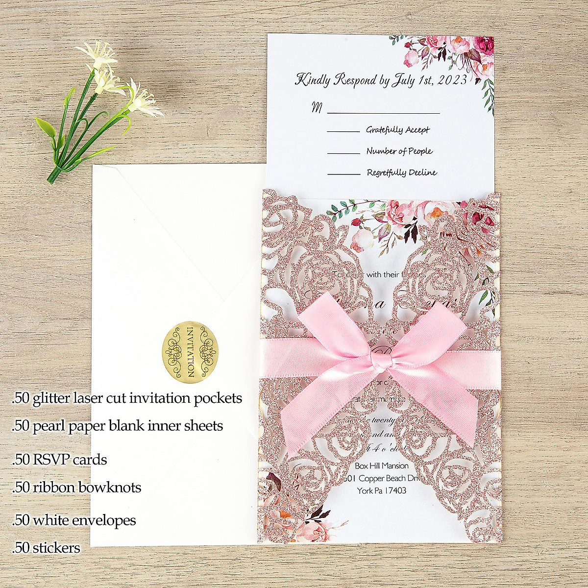 AdasBridal 50Pcs Pink Glitter Wedding Invitation Kit Laser Cut Hollow-out Personalized Wedding Invitations with Envelopes and RSVP Cards for Quinceanera Birthday Baby Shower Anniversary
