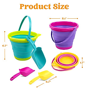 JOYIN Foldable Beach Bucket Set - 3 Packs Collapsible Toy Buckets with Shovels and Mesh Backpack for Kids Toddlers Party, Camping Gear, Travelling, Fishing Water Pail (Pink/Purple/Green)